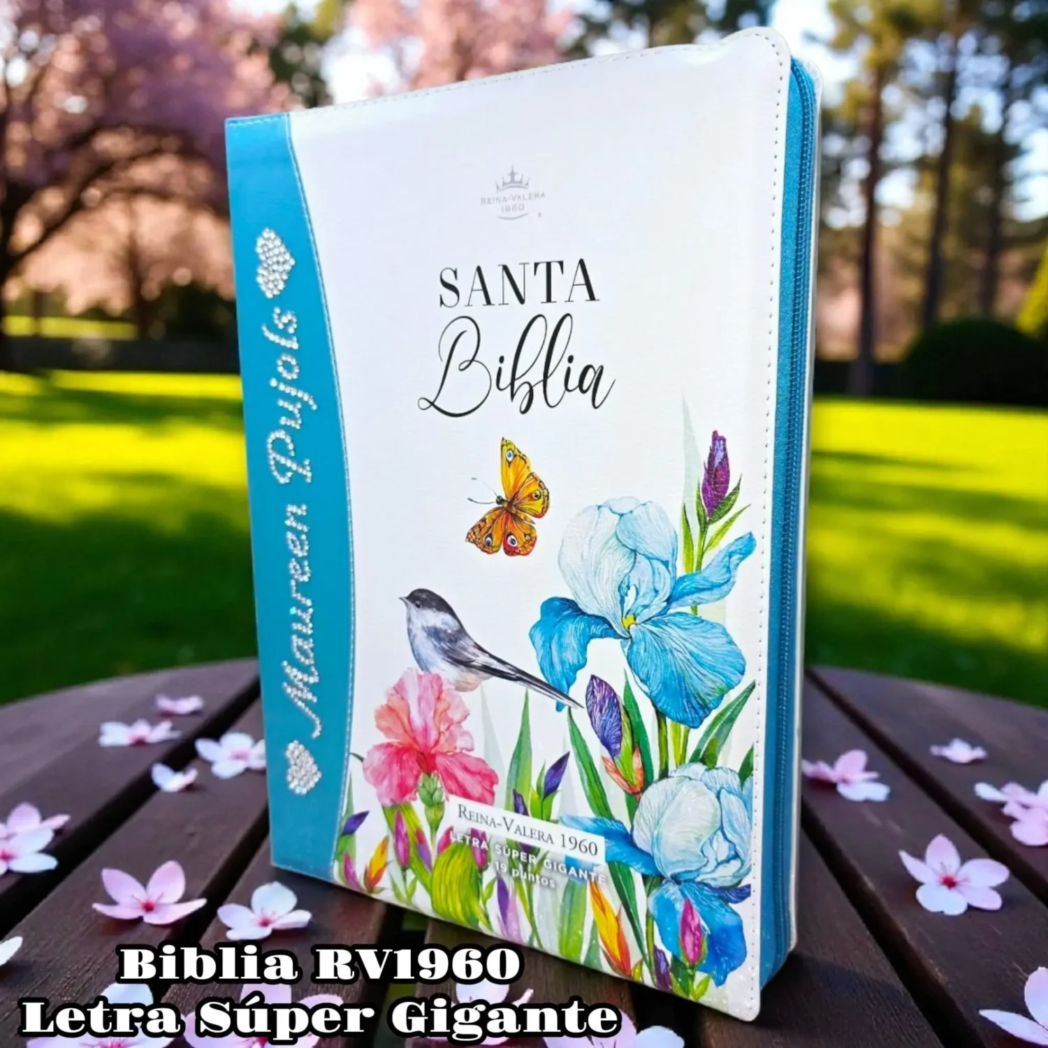 Biblia Personalizada Azul Floral - Letra Super Gigante de 19 Puntos ...