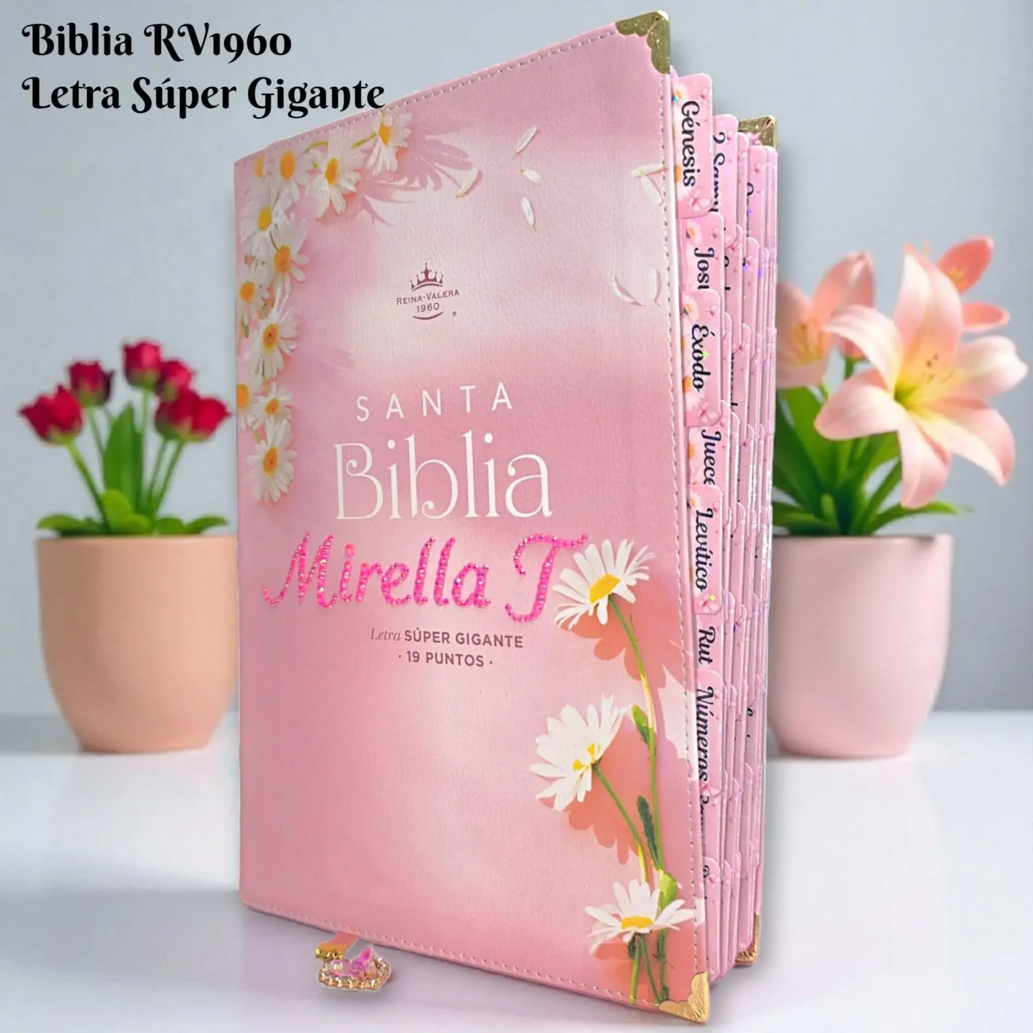 Biblia Personalizada Rosada Margaritas – Letra Super Gigante 19 Puntos ...